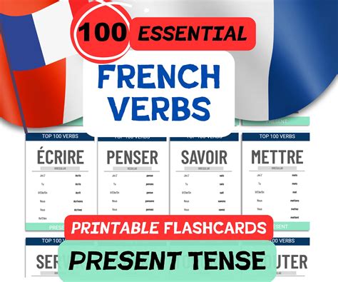 100 Essential French Verb Flashcards French Vocabulary Present Printable Flashcard