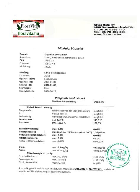 Eritrit 100 % erytritol 25 kg-os zsákban. [eritrit1 VTSz.: 2905490090]