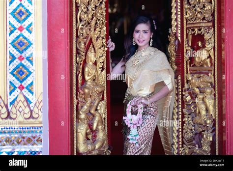 Beautiful Thai Girl In Traditional Dress Costume Temple Thailand Stock