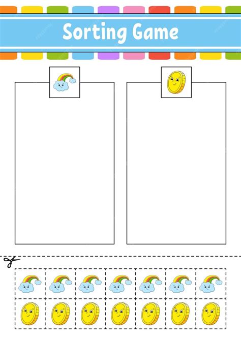 아이들을 위한 정렬 게임 자르고 붙이기 교육 개발 워크시트 아이들을 위한 매칭 게임 컬러 활동 페이지 아이들을 위한 퍼즐 귀여운 캐릭터 프리미엄 벡터