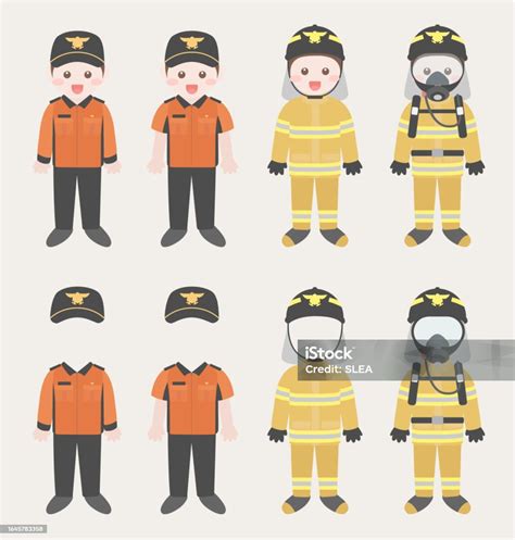 제복을 입은 소방관 Vecter 캐릭터 일러스트레이션 세트입니다 소방관에 대한 스톡 벡터 아트 및 기타 이미지 소방관 한국