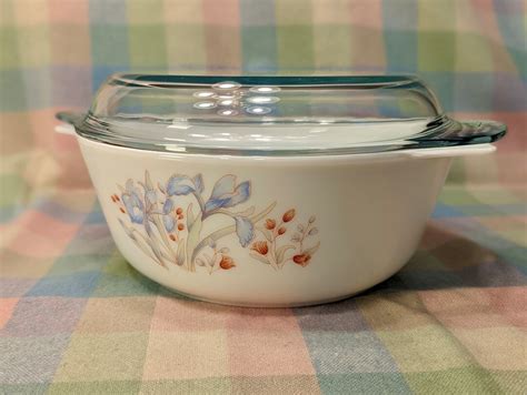 Vintage Pyrex England Blue Iris Pattern Casserole With Lid Etsy