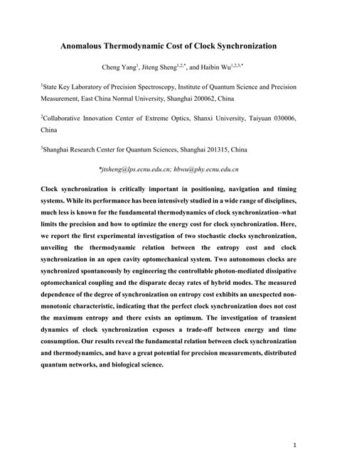 Pdf Anomalous Thermodynamic Cost Of Clock Synchronization