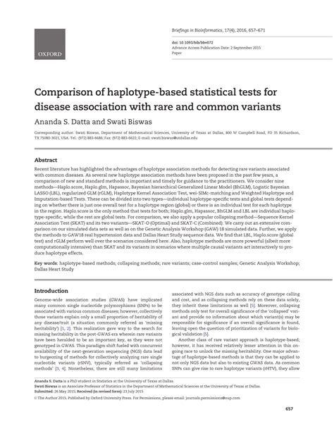 Pdf Comparison Of Haplotype Based Statistical Tests For Disease Association With Rare And