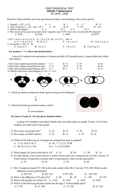 1st Periodic Test Math 7 First Periodical Test Grade 7 Mathematics Sy 2019 2020 Direction