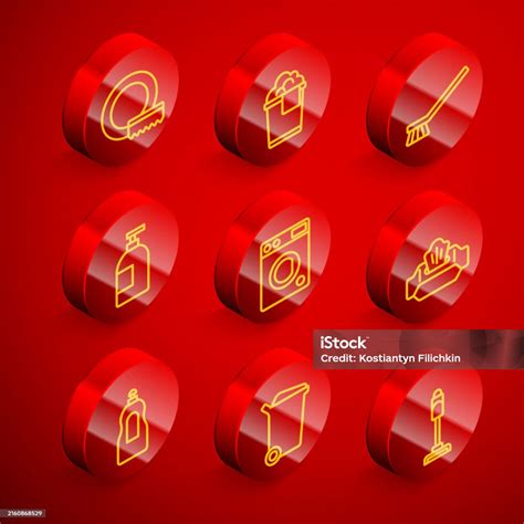 설거지 라인 거품이 있는 양동이 청소용 브러시 식기 세척 액체 병 세탁기 물티슈 팩 및 휴지통 아이콘을 설정합니다 벡터 3차원 형태에 대한 스톡 벡터 아트 및 기타 이미지