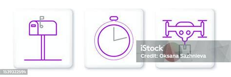 패키지와 함께 라인 배달 드론을 설정하고 우편함을 열고 스톱워치 아이콘을 클릭합니다 벡터 계시기에 대한 스톡 벡터 아트 및 기타