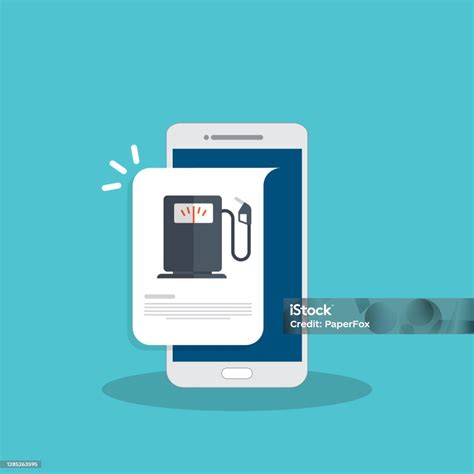 스마트 폰 화면에 가스 주유소 정보 메시지 휴대 전화 응용 프로그램 전자 디지털 온라인 정보 개념 인터넷 가솔린 네트워크 시스템을 사용하여 연료 충전 벡터 그림입니다 전화에