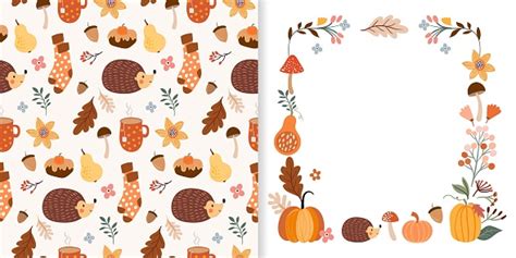 장식적인 이음새가 없는 패턴 귀여운 벽지 다양한 계절의 아늑한 요소가 있는 배경 가을 프레임 디자인 고슴도치 호박이 있는 인사말 카드를 포함한 가을 세트 10월에 대한 스톡