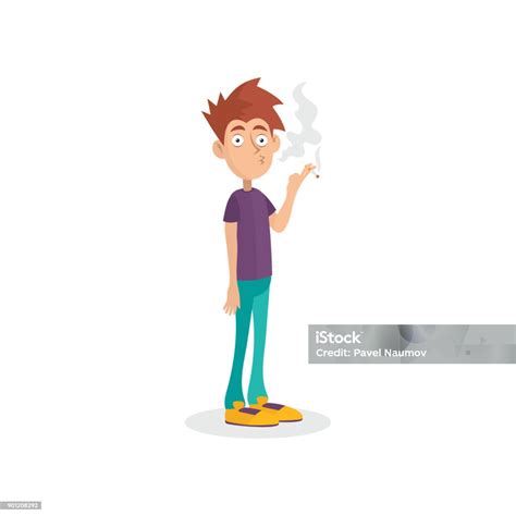 영 서와 담배 흡연 남자 니코틴 중독과 남자입니다 건강 하지 못한 생활 개념입니다 나쁜 습관입니다 남성 캐릭터를 만화 평면 벡터 일러스트 레이 션 남자에 대한 스톡 벡터