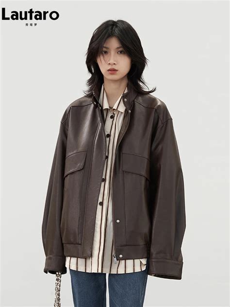 Lautaro Spring Retro Cool Oversized Brown Black Pu Leather Jacket Women