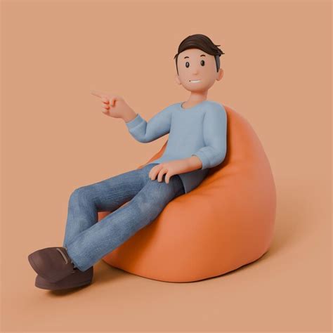 笑顔で右側を指しながら豆袋に座っている3d男 プレミアム写真