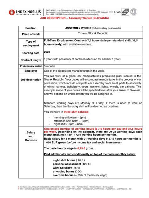 Job Description Assembly Pdf Salary Overtime