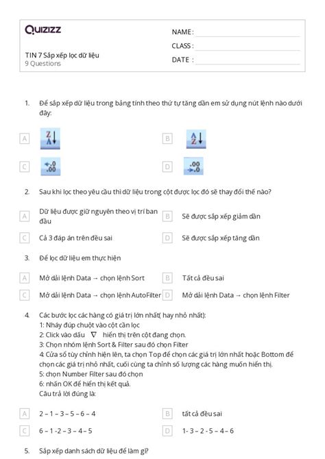 Hơn 50 Trang Tính Sắp Xếp Dữ Liệu Cho Lớp 7 Trên Quizizz Miễn Phí