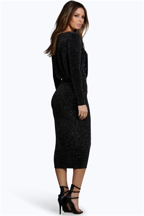 Boohoo Womens Lynn Metallic Long Sleeve Midi Bodycon Dress Ebay