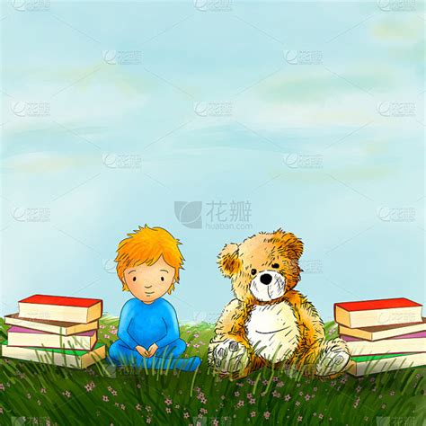 插图的快乐熊，小男孩和书籍。