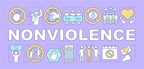 비폭력 단어 개념 배너입니다 평화주의 프리젠 테이션 웹 사이트 선형 아이콘과 격리 된 문자 타이포그래피 아이디어 반전 시위