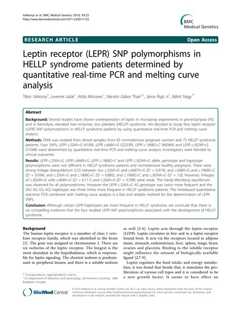 Pdf Leptin Receptor Lepr Snp Polymorphisms In Hellp Syndrome Patients Determined By