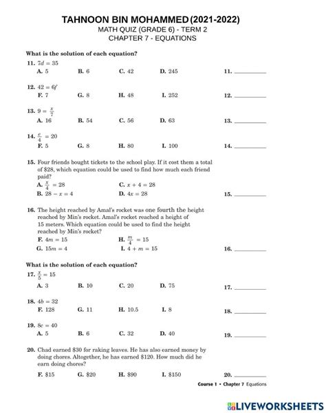 Math Worksheet Chapter 7 Equations Worksheet Live Worksheets