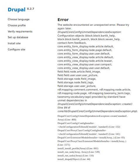the website encountered an unexpected error while installing drupal 8 2