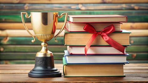 A Trophy Is Next To A Stack Of Books With A Red Ribbon Premium AI
