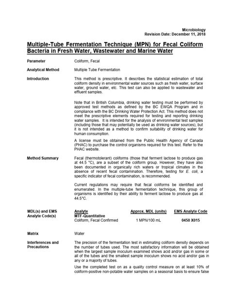 Multiple Tube Fermentation Technique Mpn For Fecal Coliform Bacteria In