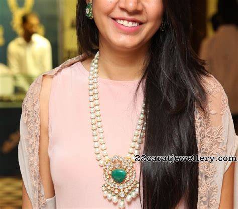 Pearls Long Chain With Diamond Pendant Jewellery Designs