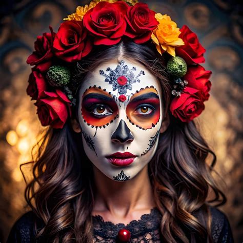 Hermosa Chica En El Atuendo De La Muerta Y El Cráneo Hacen Imagen