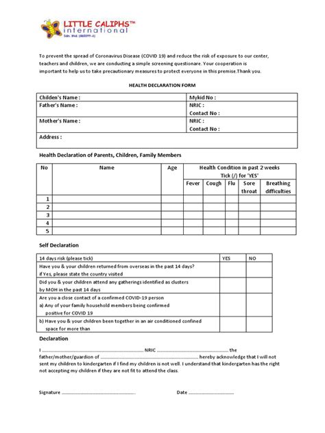 Health Declaration Form Pdf