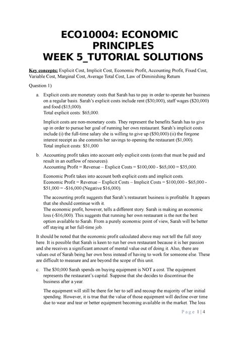 Week 5 Tutorial Solutions Eco10004 Economic Principles Week 5