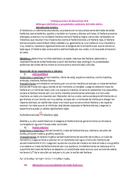 Alotropos Del Fosforo Trabajo Practico De Laboratorio N° Alótropos Del Fosforo Y Propiedades