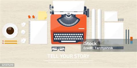 벡터 삽화 평편 타자기 당신의 이야기를 펼쳐보세요 저자순 블로그 목재 기계류에 대한 스톡 벡터 아트 및 기타 이미지 기계류 낱말 동화 Istock