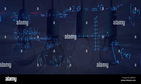 Image Of Light Bulbs With Scientific Formulae And Data Processing Stock