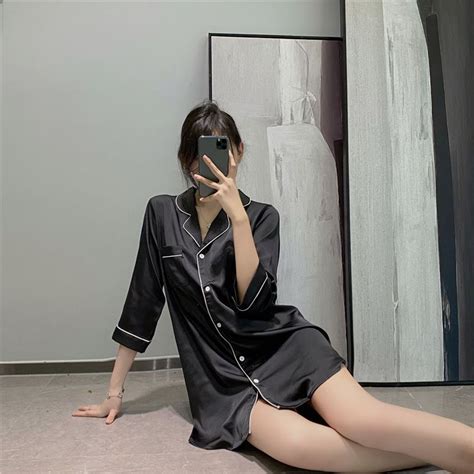 睡裙女冰丝夏季睡衣女性感睡衣衬衫睡裙丝绸家居服春秋连衣裙薄款 阿里巴巴