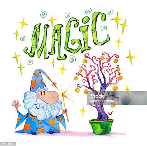 예술 수채화 손 별 마법사 및 흰색 배경에 고립 된 매직 트리 마법의 그림 그려 손 서 면된 글꼴 글자입니다 동화 마술사입니다 아이 들 그림입니다 과일에 대한 스톡 벡터