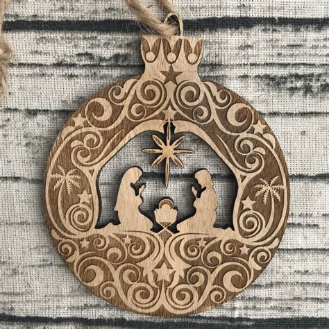 Manger Scene Wood Nativity Christmas Ornament Laser Engraved Etsy