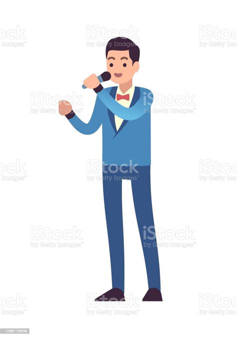 클래식 뮤지션 보컬 가수 공연 교향곡 엔터테인먼트 콘서트 마이크와 노래 노래 벡터 플랫 스타일 만화 고립 된 싱글 남성 캐릭터 가수에 대한 스톡 벡터 아트 및 기타 이미지