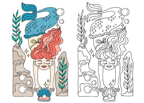 손으로 그린 인어 색칠하기 책 그림 무료 벡터