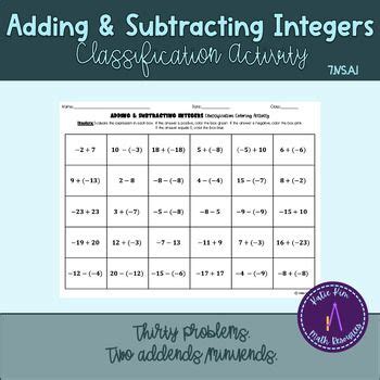 Adding And Subtracting Integers Classification Coloring Activity Adding And Subtracting