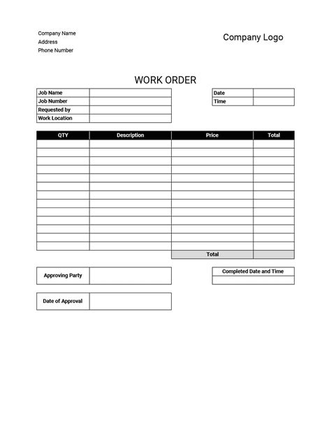 Free Printable Work Order Template Free Printable A Z