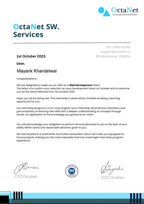 Mayank Khandelwal On Linkedin Internship Webdevelopment Octanetsoftwareservices Gratitude