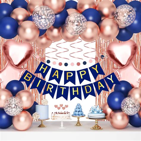 Navy Blue Rose Gold Happy Birthday Decorations Kit Rose
