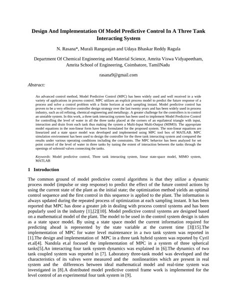 Pdf Design And Implementation Of Model Predictive Control In A Three