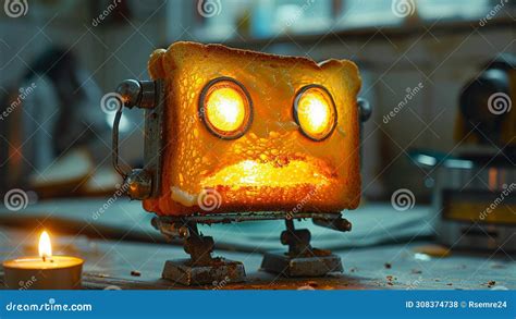 Glowing Toast Robot Amidst Workshop Chaos Stock Illustration