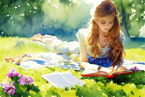 Cute Girl Reading Book On Sunny Lawn Premium Ai Generated Image