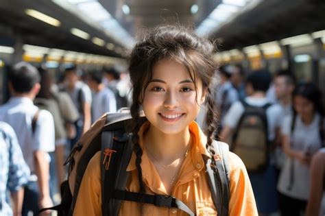 Premium Photo Happy Smiling Asian Girl With Backpack In Subway Car