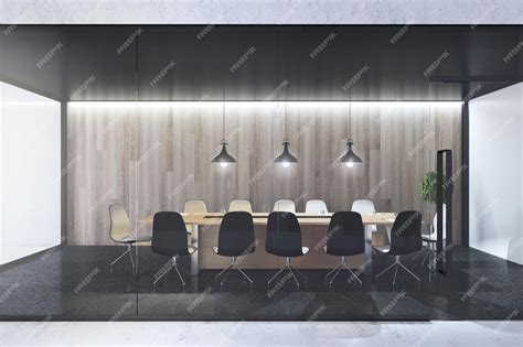 Premium Photo Modern Concrete And Wooden Conference Room Interior With Table Computer Monitors