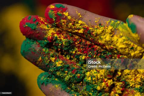 남성 손 전체 다채로운 Gulal Abeer는 검은 배경에 고립 된 흩어져있는 색상으로 Holi 인도 축제를 축하합니다 건강한
