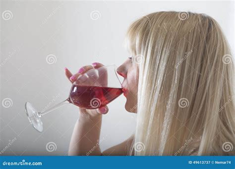 Beautiful Woman With Glass Red Wine And Drinking Stock Image Image Of