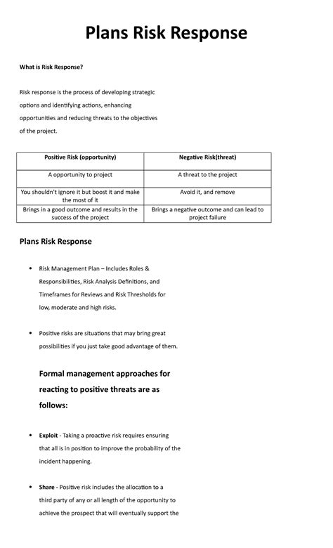 Plans Risk Response Plans Risk Response What Is Risk Response Risk